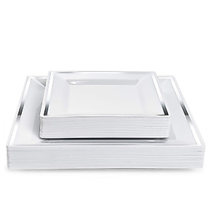MATANA 40 Fancy White Plastic Plates for Party with Silver Rim - Heavy Duty Square Dinner Plates 9.5" Inch x 20, Salad & Dessert Plates 6.5" Inch x 20 for Wedding Reception, Birthday Parties & Events