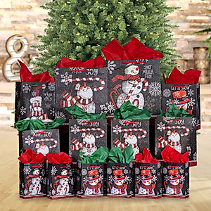 42-Pc. Chalkboard Snowman Gift Bag Set - Unique Winter Christmas Design for Kids and Adults - 14 Small, Medium, and Large Bags with 28 Red and Green Tissue Papers - Best for Presents and Party Favors