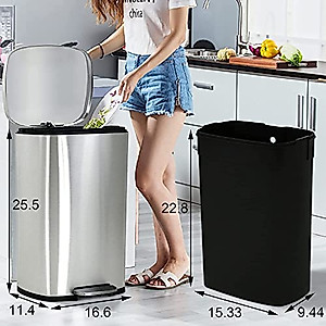 13 Gallon Steel Step Trash Can,Kitchen Trash Can with Lid & Inner Buckets , Stainless Steel Rectangular Garbage Bin , 50 L Pedal Soft Step Slow & Silent Open Close Dustbin for Kitchen, Office (Silver)