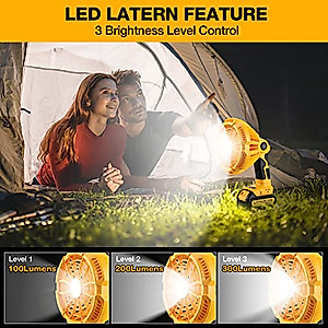 YEX-BUR Outdoor Camping Fan with LED Lantern Powered by Dewalt 14.4V-20V Li-ion Battery Rechargeable USB Portable Handheld Fan with IR Remote, 90° Oscillating, 3 Speeds, 3 Modes, 4H Timer