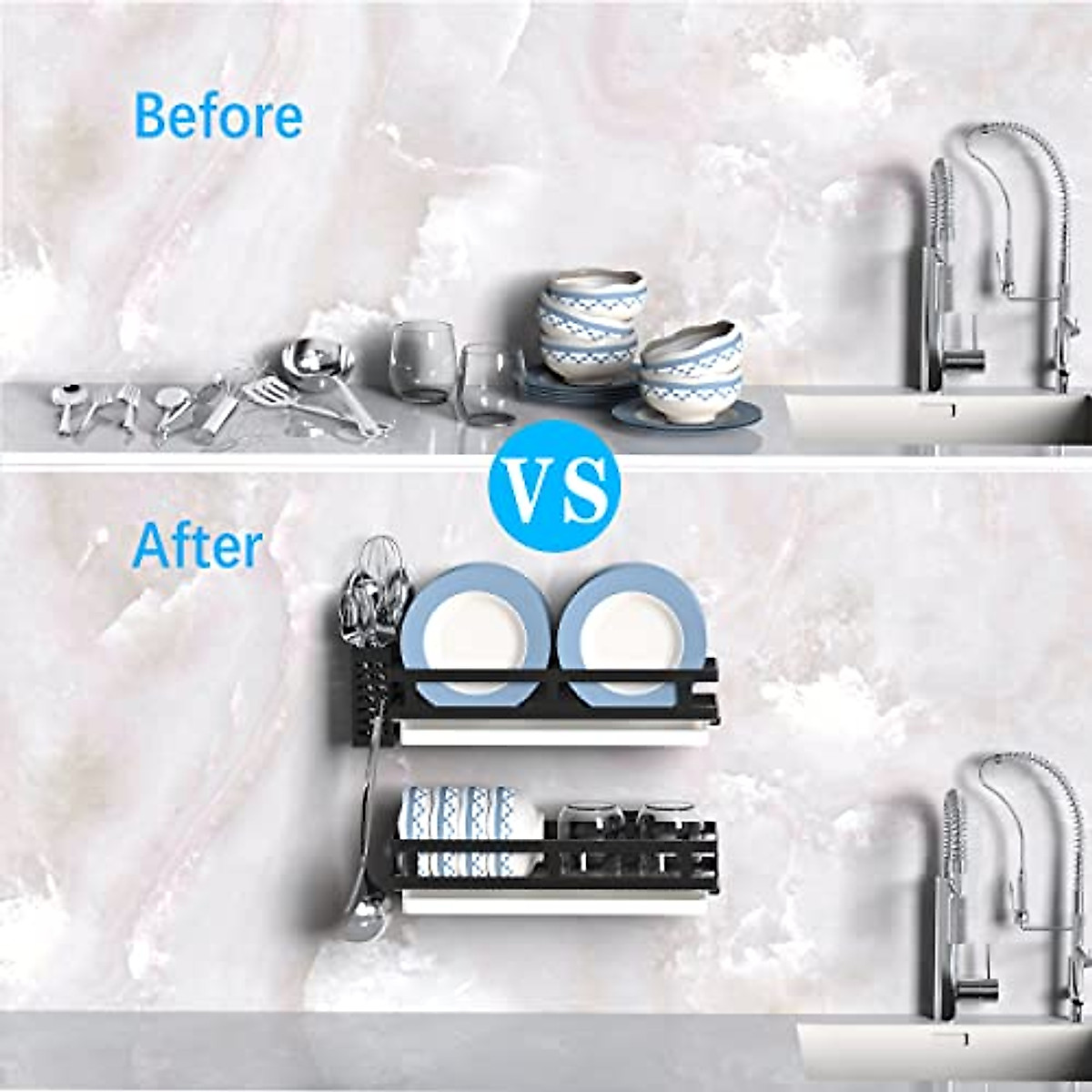 Virgorack Dish Rack, Wall Mounted Stainless Steel Dish Drying Rack, Kitchen Storage with Dish Drainer and Hanging Chopsticks Holder (2 Tier)