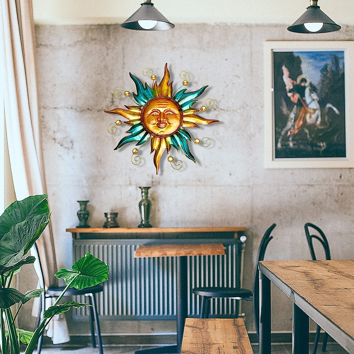 14 Inch Metal Sun Wall Art Decor Hanging Wall Decor,Sunface Wall Sculpture Glass Hanging Ornament,Home Decor Artistic Sun Face Metal Wall Sculpture for Home/Garden/Yard/Farmhouse