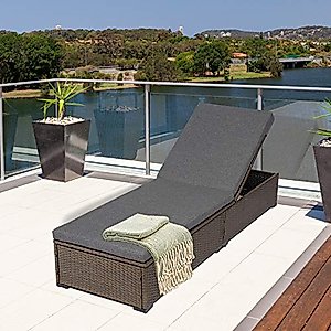 Kinsunny Outdoor PE Wicker Lounge Chair Patio Reclining Chair Furniture Set Beach Pool Adjustable Backrest Recliners with Dark Grey Cushions