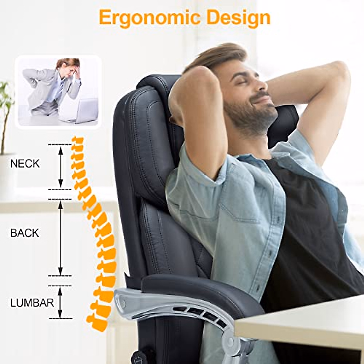 HOMREST Executive Office Chair, Ergonomic Office Chair with Adjustable Lumbar Back Support,Big and Tall Office Chair with Massage and Heat,Home Office Desk Chair,Black