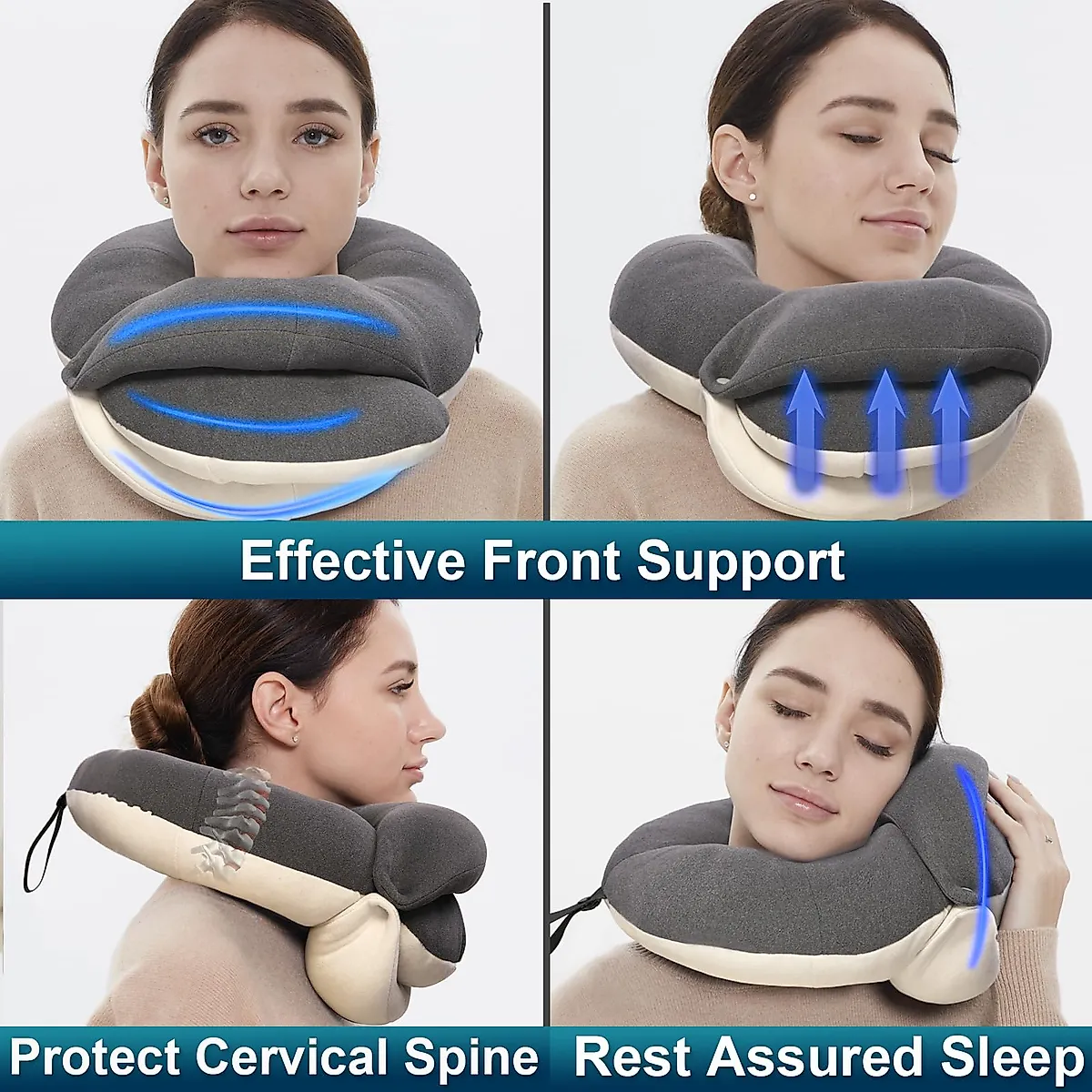 BUYUE Travel Neck Pillows for Airplanes, 360° Head Support Sleep for Long Flight, Skin-Friendly & Breathable, Kit with 3D Contoured Eye Mask, Earplugs and Storage Bag (Adult, Grey, 90+ lbs)