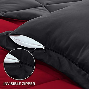 downluxe Lightweight Solid Comforter Set (Queen) with 2 Pillow Shams - 3-Piece Set - Red and Black - Down Alternative Reversible Comforter