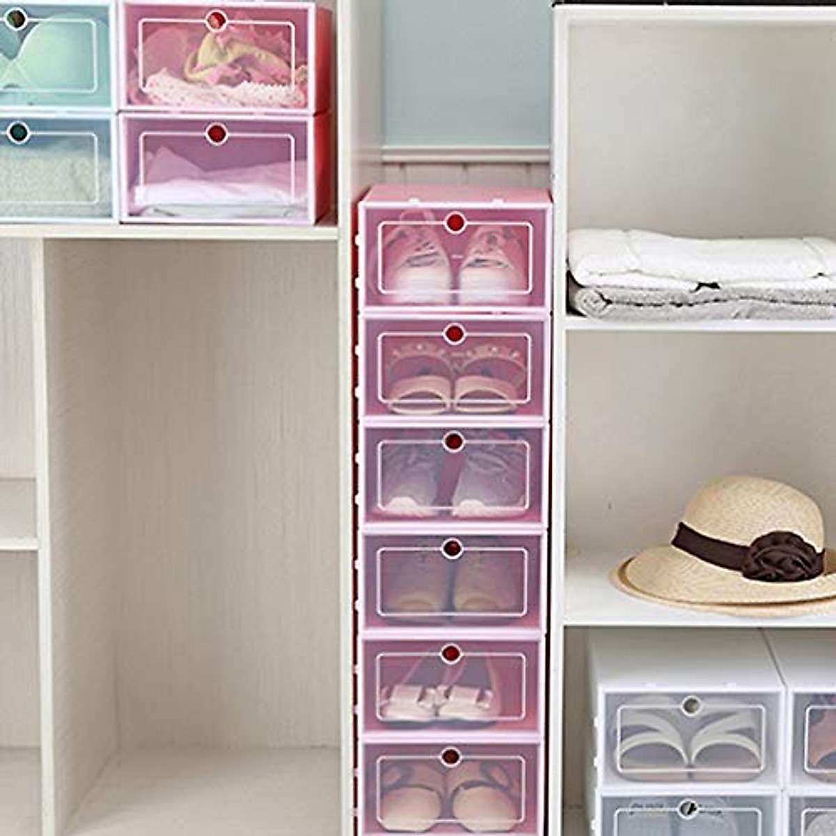 Cabilock 6pcs Transparent Pink Shoe Box Stackable Foldable Storage Shoe Box Clear Plastic Shoe Boxes Dust Proof Shoes Boxes for Home Room Sneakers High Heels Slippers