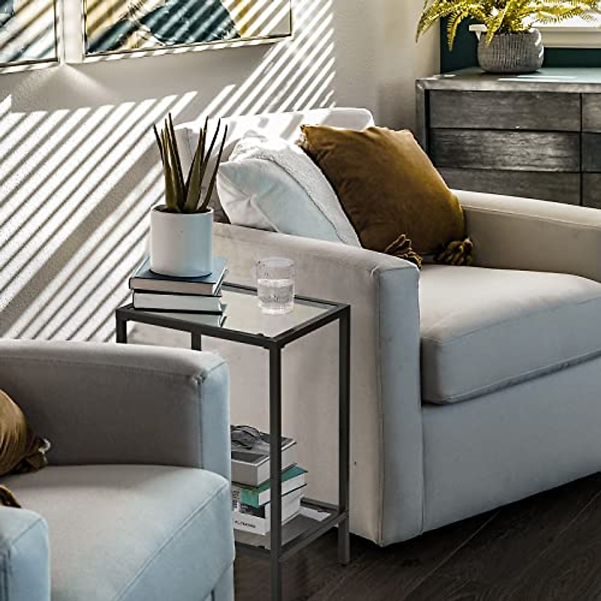 HOMSHO Side Tables Set of 2, End Tables with Tempered Glass, 2-Tier Nightstands with Storage Shelves, Slim Sofa Table for Living Room, Bedroom (2, Black)