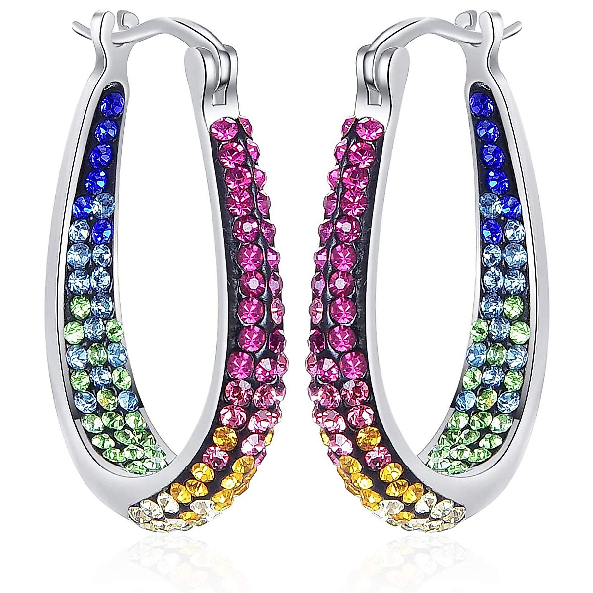Savlano 14K White Gold Plated Inside Out Crystal Hoop Earrings For Women (Rainbow)