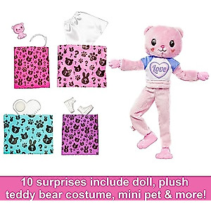 Barbie Cutie Reveal Doll with Pink Hair & Teddy Bear Costume, 10 Suprises Include Accessories & Pet (Styles May Vary)