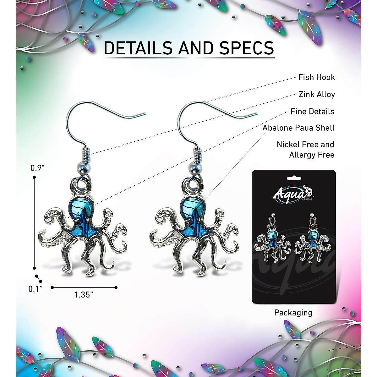 Puzzled Octopus Earrings - Charming New Zealand Blue Paua Shell Octopus Jewelry Earrings, Elegant Abalone Shell Sea Animals Earrings, Unique Jewelry Sterling Silver Earrings Gifts for Women - 3 Inches