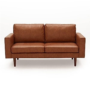 Dreamsir 65" Loveseat Sofa, Faux Leather Love Seat Couch, Mid Century Modern Couch with Solid Wooden Frame for Living Room & Bedroom in Small Spaces, Brown