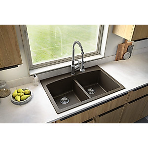 Karran QT-710 Drop-In Quartz Composite 33 in. 1-Hole 50/50 Double Bowl Kitchen Sink Kit in Brown