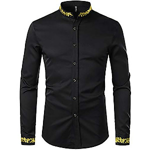 ZEROYAA Men's Luxury Gold Embroidery Design Slim Fit Long Sleeve Button Up Dress Shirts ZHCL44-Black Large