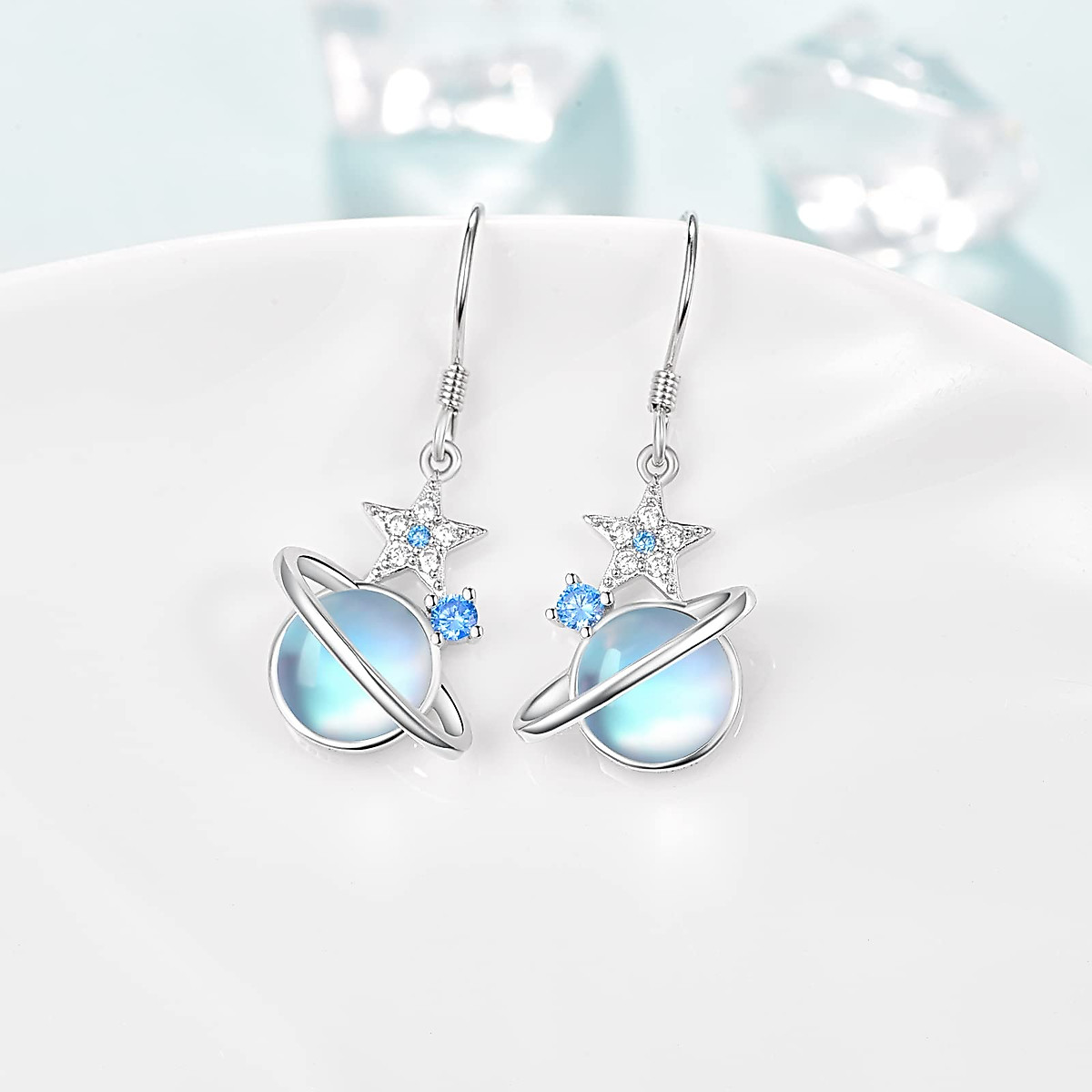 Dreamboat Planet Earrings Saturn Earrings Space Earrings for Women Star Earrings Earth Moonstone Earrings 925 Sterling Silver Hypoallergenic Hook Dangle Earrings Celestial Jewelry