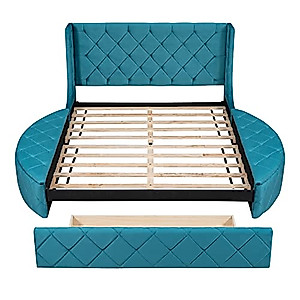 HBRR Queen Size Storage Bed Frame, Velvet Upholstered Platform Bed with Wingback Headboard, 1 Big Drawer and 2 Side Storage Stool, No Box Spring Needed, Easy Assembly, Blue