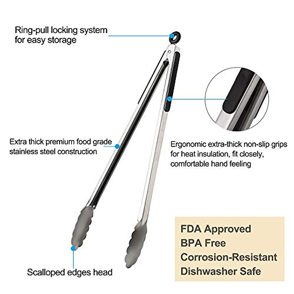 Premium Locking Grill Tongs Set of 2-16 inch Heavy Duty Long Kitchen BBQ Tongs for Barbecue Cooking Grilling, Stainless Steel & Dishwasher Safe