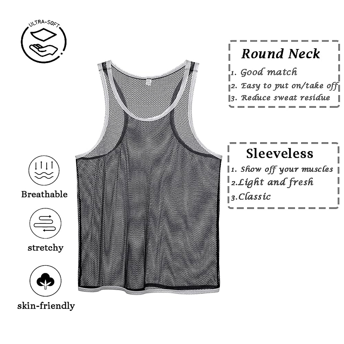 JINSHI Men's Sexy Sleeveless Tank-Top,See Thru Sheer A-Shirt Vest,Mesh Club Wear Muscle Tee,Fishnet Undershirts Black L