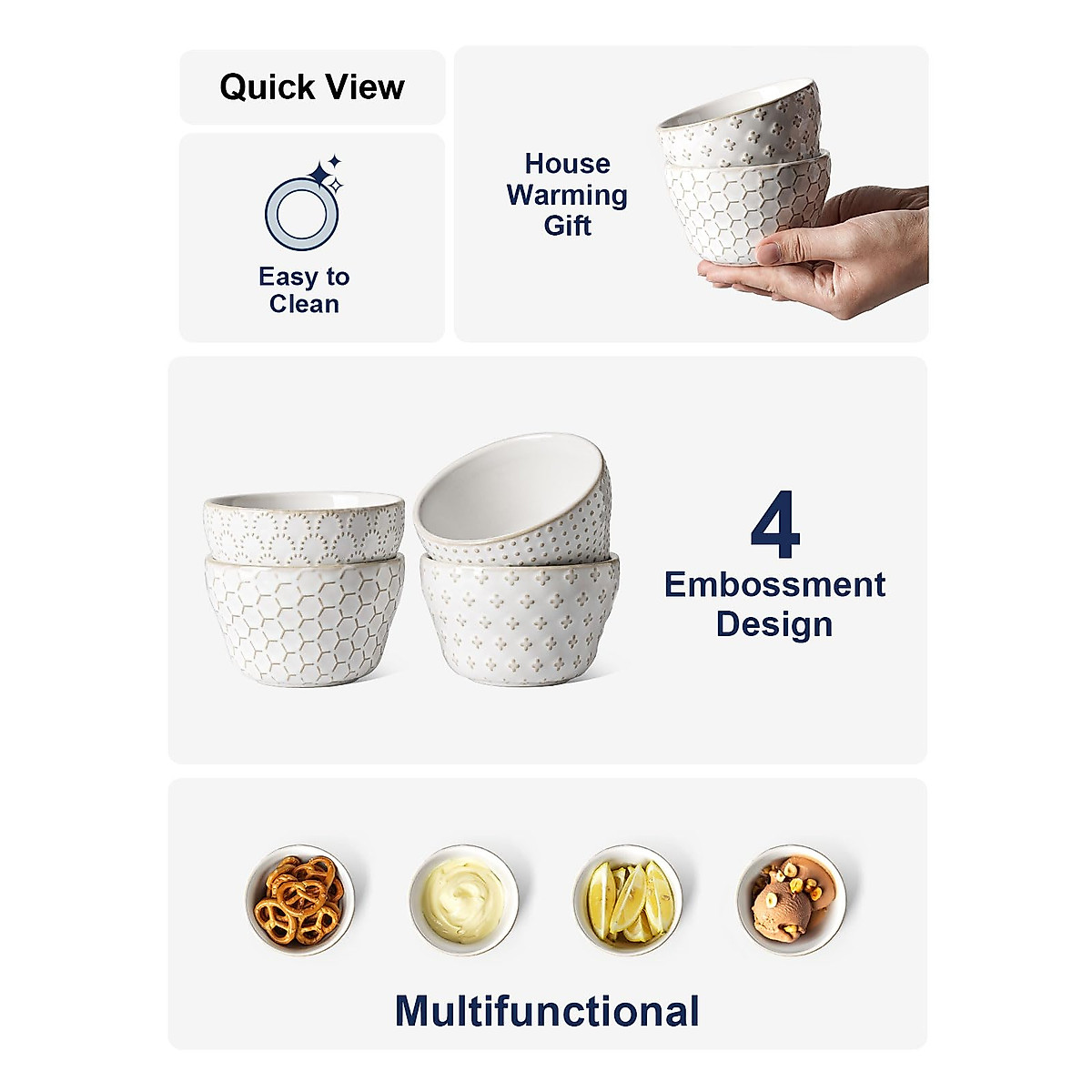 LE TAUCI Small Bowls 8 oz, Dessert Bowl, Ice Cream Bowl for Chili Dipping Sauce Coffee Bouillon, Ceramic Soup Cups - 4 inch, Set of 4, Arctic White