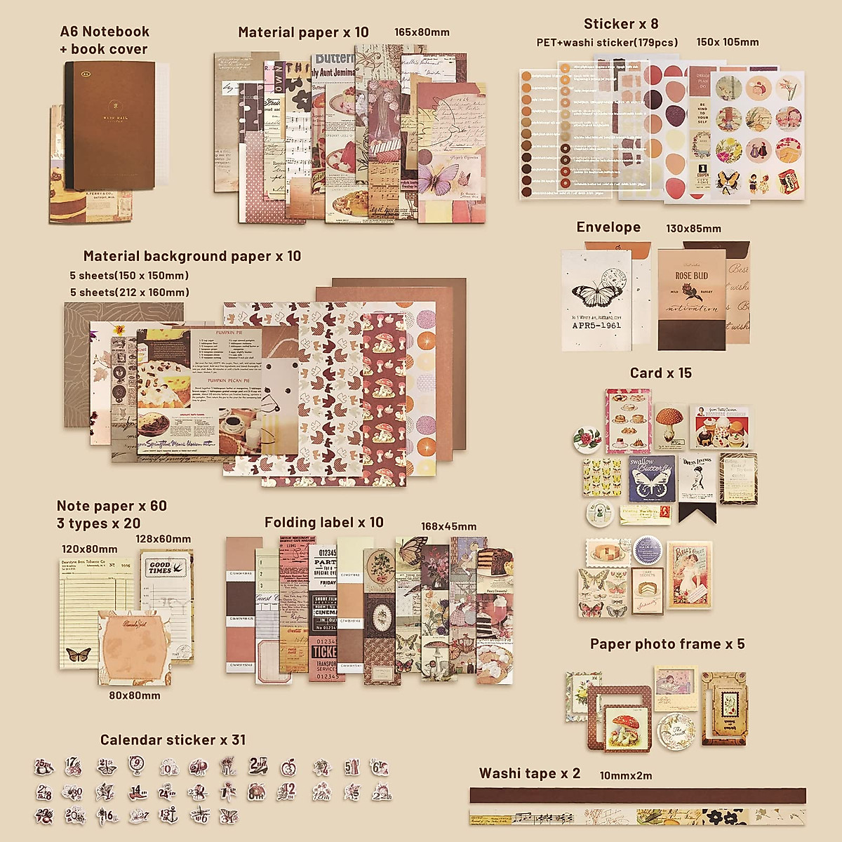 348pcs Vintage Scrapbooking Supplies Kit, Aesthetic Scrapbook Kit with Scrap Book Paper Junk Journaling Supplies A6 Grid Notebook Washi Stickers ,Bullet Journals Supplies for Teens Kids Girls Women