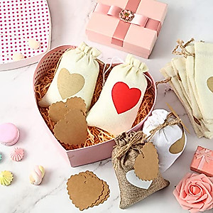 40 Pcs Valentine's Day Heart Burlap Bags with Tags and Ropes, 4 x 6 Inch Burlap Gift Bags with Drawstring Heart Bags Linen Gift Pouch Small Party Favor Bags for Wedding Baby Shower Party
