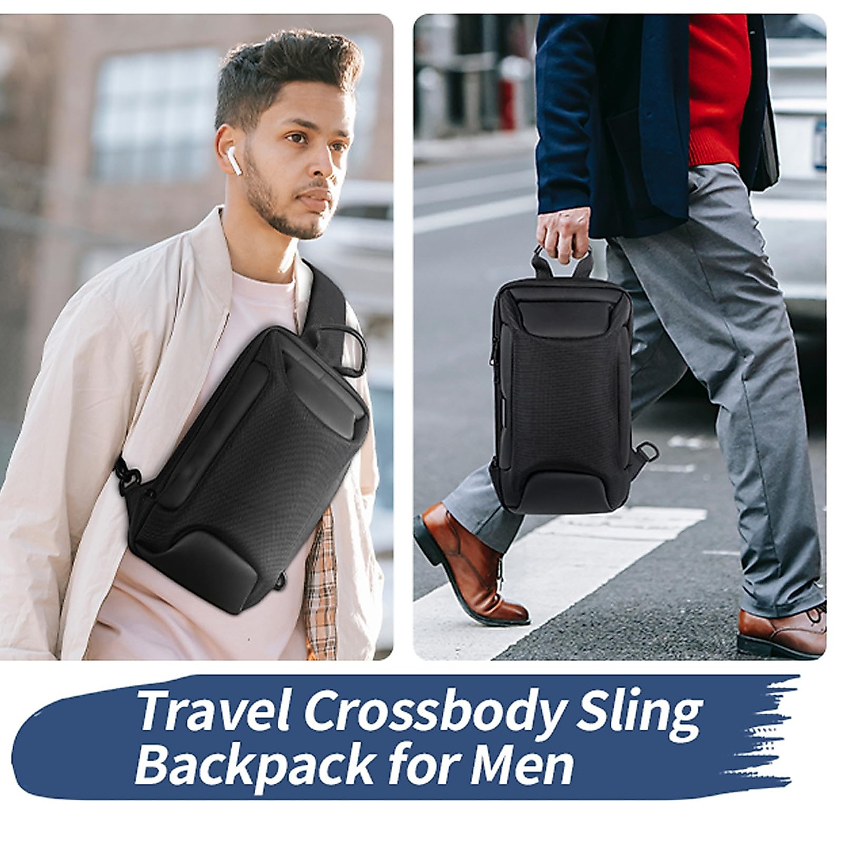 Ytonet Sling Bag for Men, Small Sling Backpack Anti Theft Crossbody Mini Shoulder Casual Daypack with USB Charging Port for Travel Hiking Camping, Black