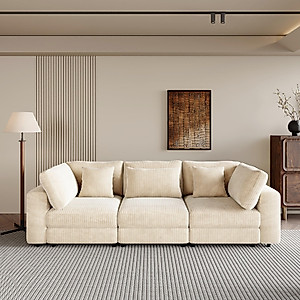 Royard Oaktree Modern Upholstered Sofa with Armrests, 3-Seater Corduroy Fabric Sofa Couch with Removable Back Cushions and 5 Pillows, Comfy Couch for Living Room, Apartment, Studio, Office, Beige