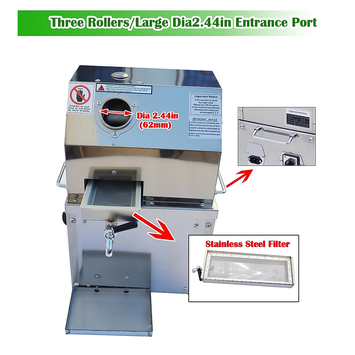 INTBUYING Sugarcane Juicer Electric Sugar Cane Press Machine W/3 Stainless Steel Rollers 2 Knives Sugarcane Extractor Machine Commercial Sugarcane Ginger Juice Mill Machine 110V 660LB/H