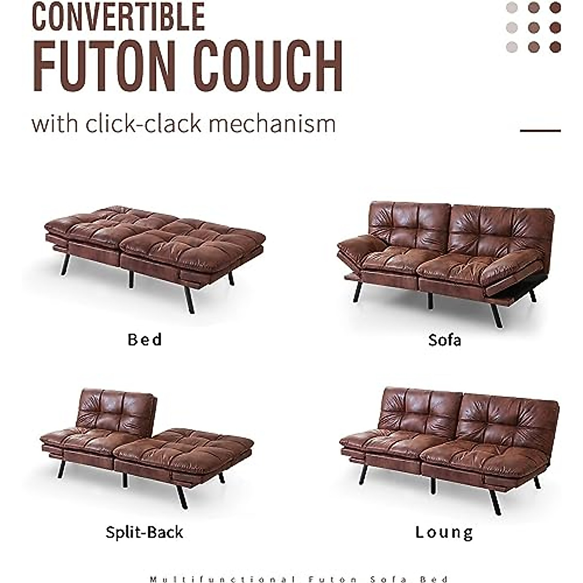 IULULU Futon Sofa Bed Faux Leather Couch with Adjustable Armrests, Modern Industrial Sleeper Daybed for Small Spaces, Living Room, Compact Apartment, Office, House, Condo, Loft, Bungalow, Brown