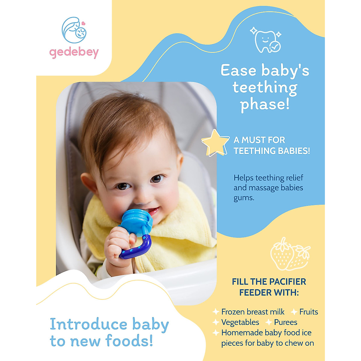 Baby Fruit Feeder Pacifier - 3 Pack | 2 Frozen Fruit Teething Pacifier & 1 Baby Food Spoon Feeder | Baby Silicone Feeder Pacifier | Teething Feeder, Baby Food Feeder Fruit Pacifier (Colorful)