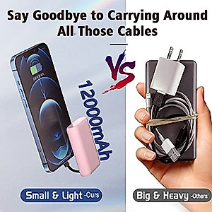 BOANV 12000mAh【2023 Upgraded】 Mini Lightweight Portable Battery Charger with 2 Built-in Cables (Type C, iOS), Fast Phone Charging Battery Pack Power Bank Portable Charger (Pink)