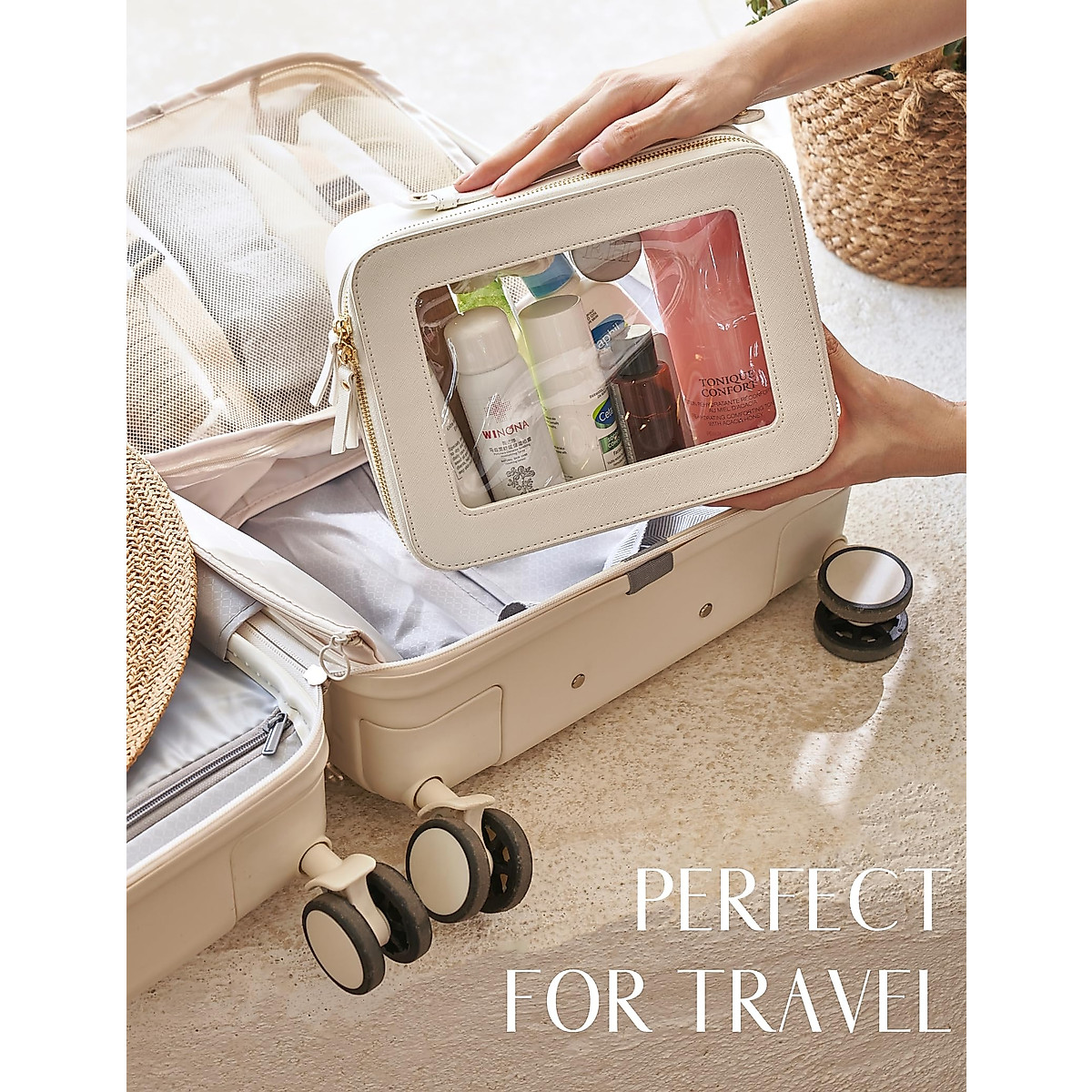 Popvibe Clear Makeup Case White Toiletry Bag Travel Large Clear Cosmetic Bag with Zipper, Big Make Up Bag Organizer Women Traveling TSA Approved Transparent Bag Car for Essentials