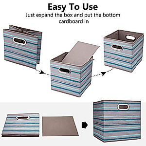 i BKGOO Cloth Storage Bins Set of 4 Thick Fabric Drawers Foldable Cubes Basket Organizer Container with Dual Metal Handles for Shelf Cabinet Bookcase Boxes Gray-Blue stripes 13x13x13 inch