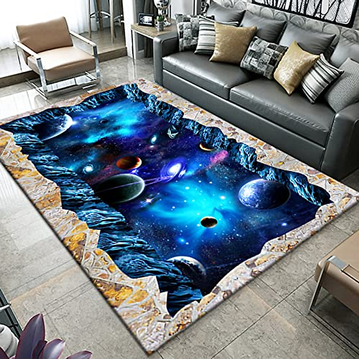 WellBridal Universe Galaxy Starry Area Rug Blue 3D Optical Illusion Rugs Sky Planet Carpet Floor Mat for Living Room Bedroom Throw Rug 47x31 inch