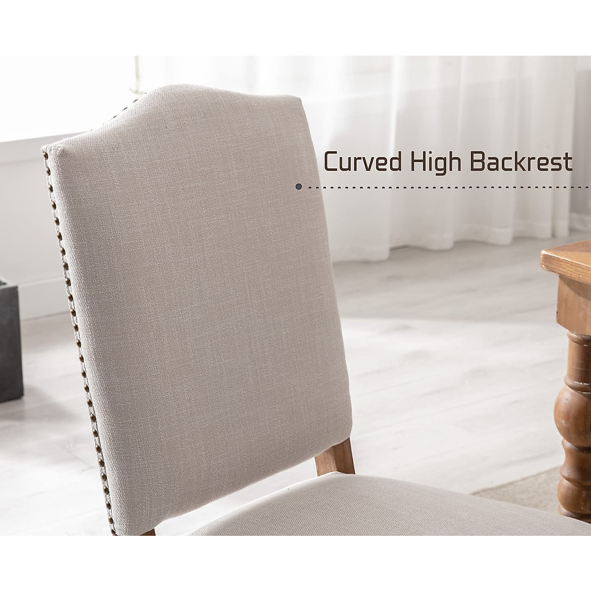 EALSON Farmhouse Dining Chairs Set of 2 Upholstered Dining Room Chairs with Wood Legs and Nailhead Trim Mid Century Modern Kitchen Chairs with High Back Padded Parson Chairs, Linen Beige