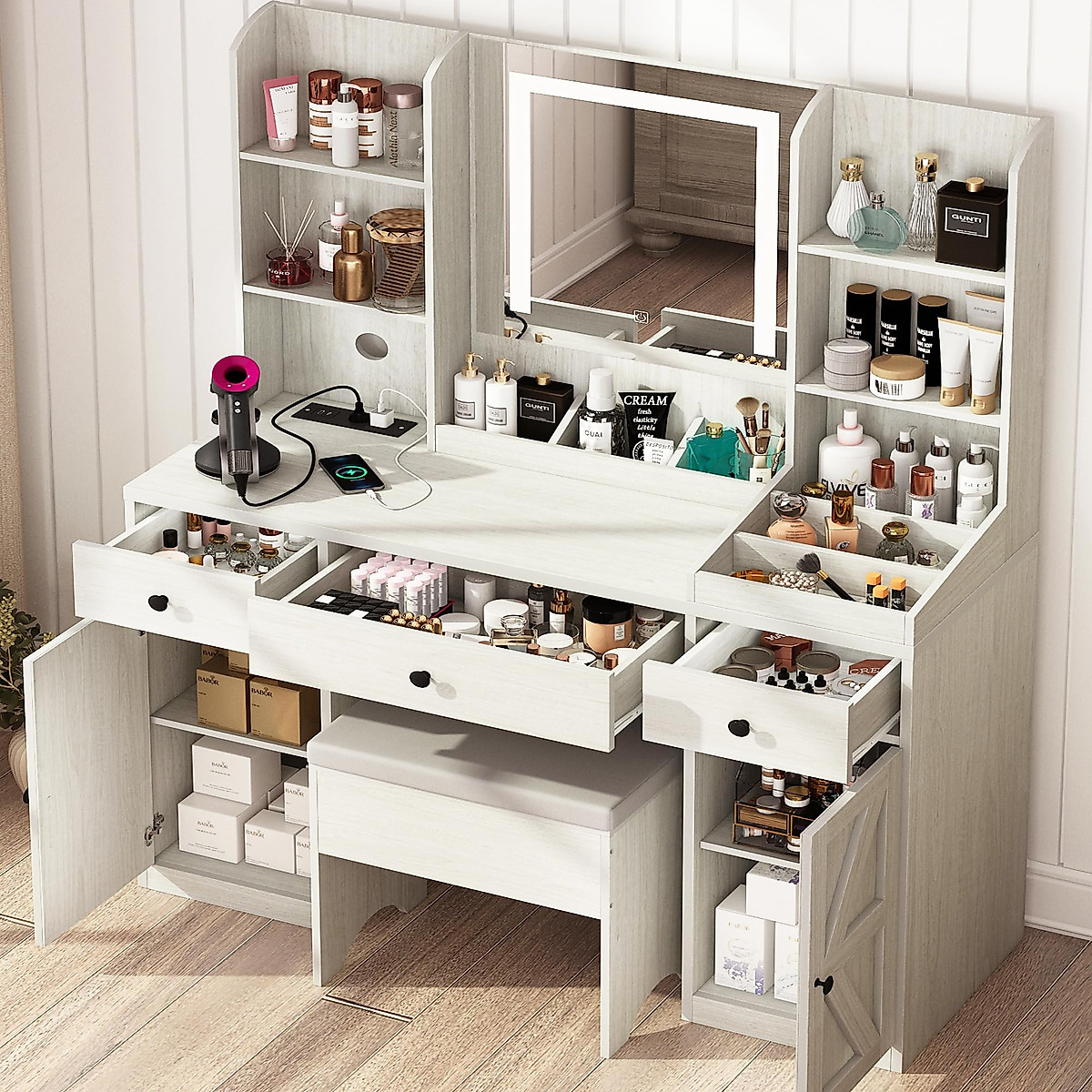 jiteentarou Farmhouse Vanity Desk w/Outlet & Stool, 11 Storage Shelves 3 Drawers 2 Big Cabinets, 43" White Vanity Table Make up Desk w/Mirror and Lights, Rustic LED Vanity Set for Women, Girls