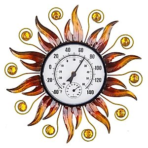 HOBYLUBY 13" Indoor Outdoor Thermometer, Sun Wall-Mounted Thermometer with Humidity, Easy to Read Decorative Outside Thermometer for Patio, Garden, No Require Batteries