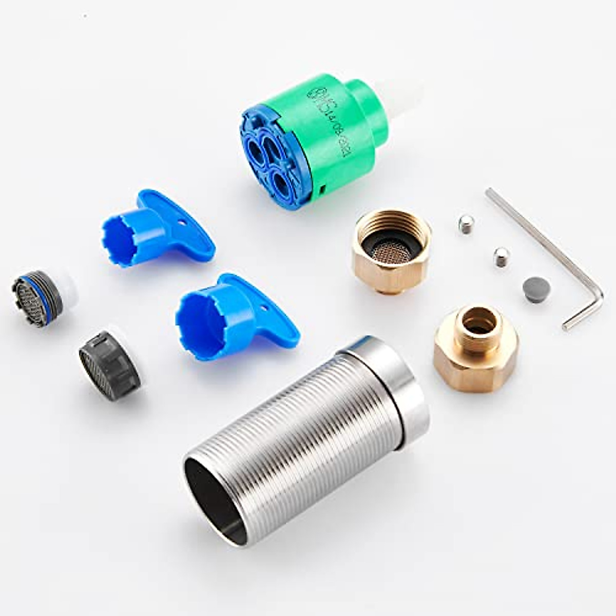 CREA Faucet Replacement Accessories Kit, Deck Extension Threaded Pipe Mounting Shank + Ceramic Valve + Aerator + G 9/16" to 1/2" Water Hose Adapter