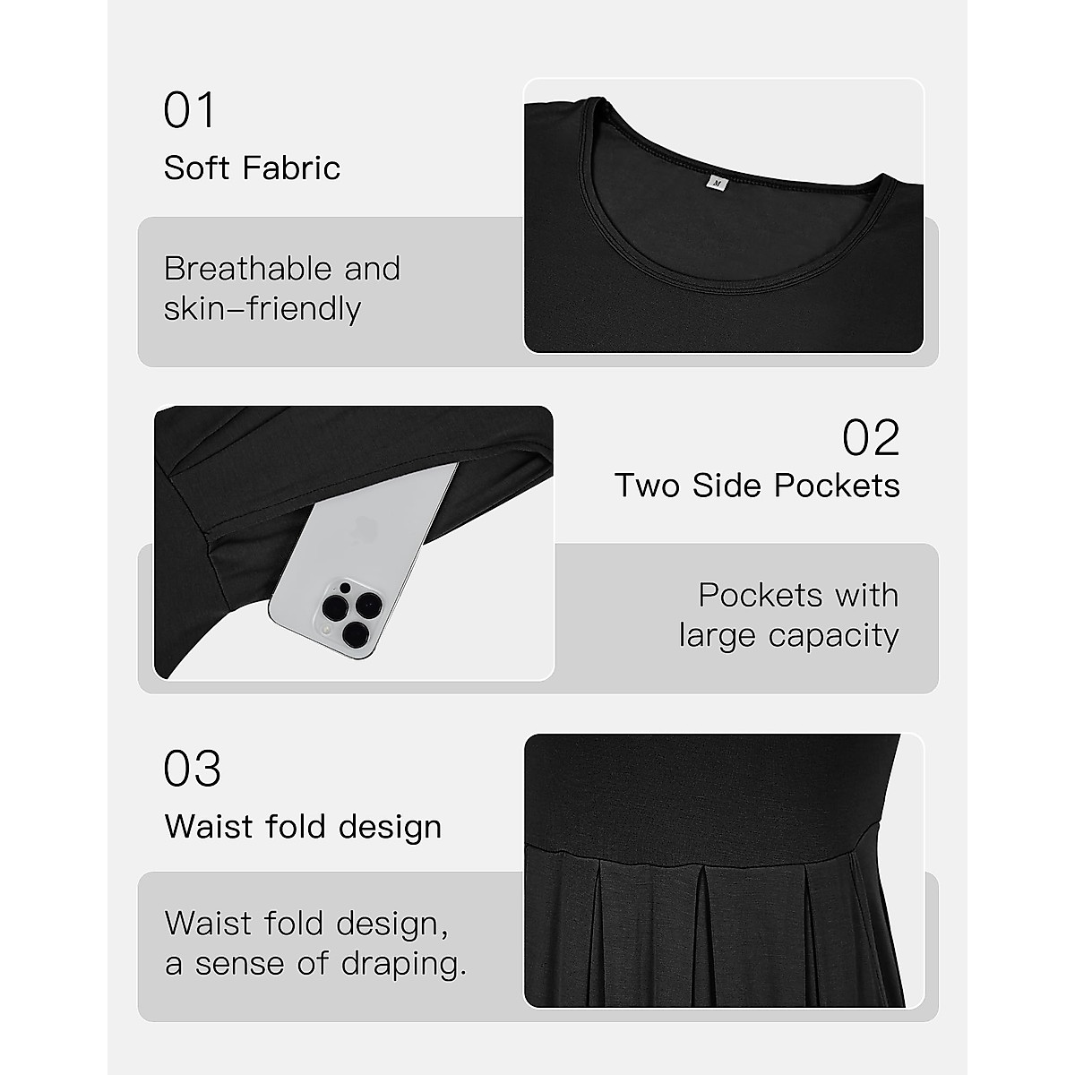 AUSELILY Women's Short Sleeve Summer Dress Pleated Loose Swing Knee Length Dresses with Pockets 2025 New Black L