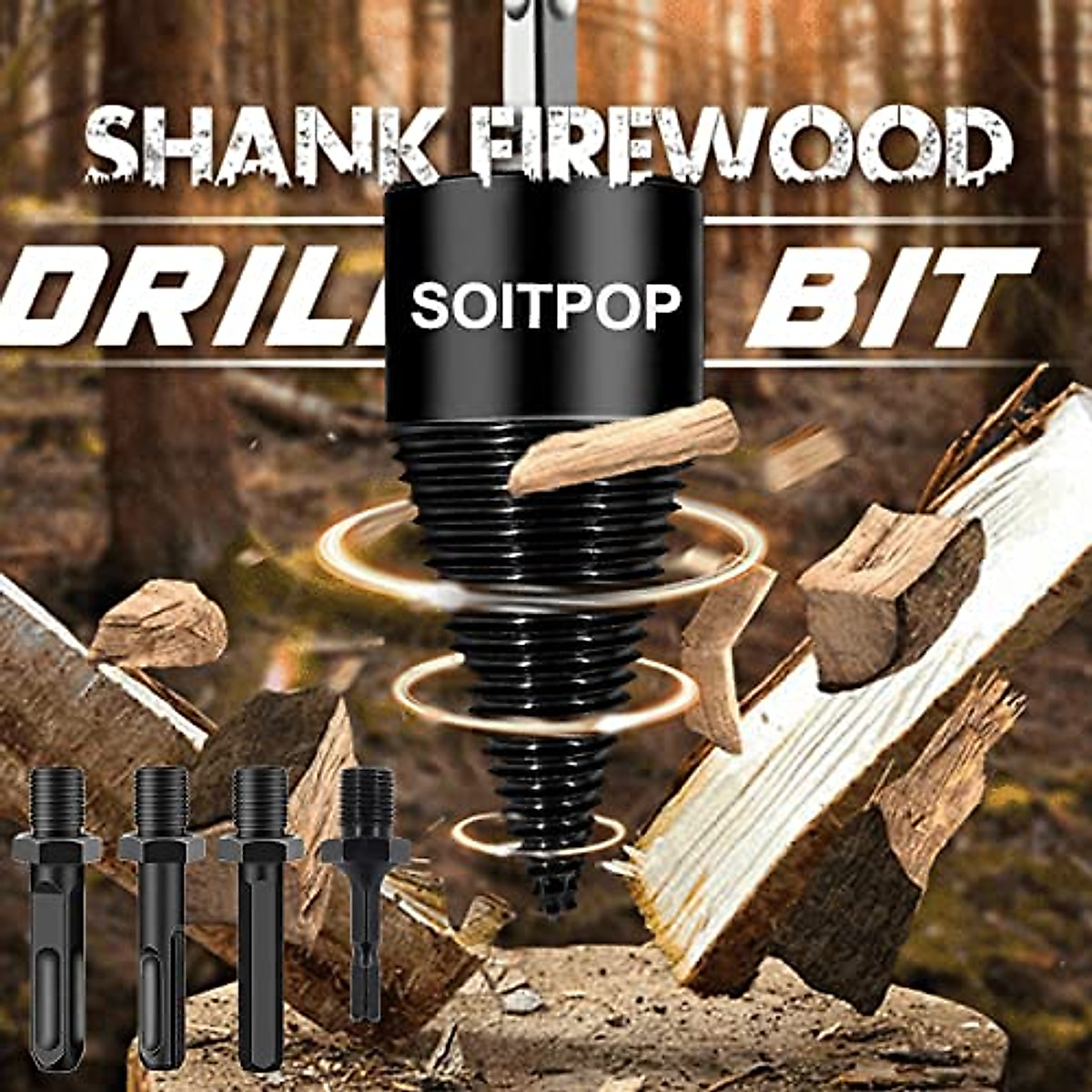 Firewood Drill Bit Wood Log Splitter,5 PCS Kindling Splitting Drills Wedge Tool Removable Logs Splitters Cone Wedges Electric Driver Bits Heavy Duty Hex+Square+Round+Small Hex Shank