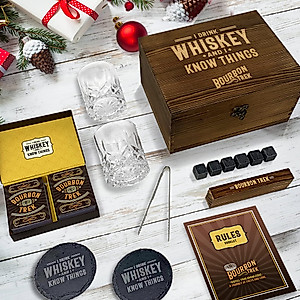 Boxed Set of Whiskey Gifts for Men - Includes Popular Whiskey Trivia, 2 Bourbon Glasses, 6 Stones, 2 Slate Coasters, 1 Wooden Freezer Tray & Stainless Steel Tongs - All in 1 Premium Giftable Box