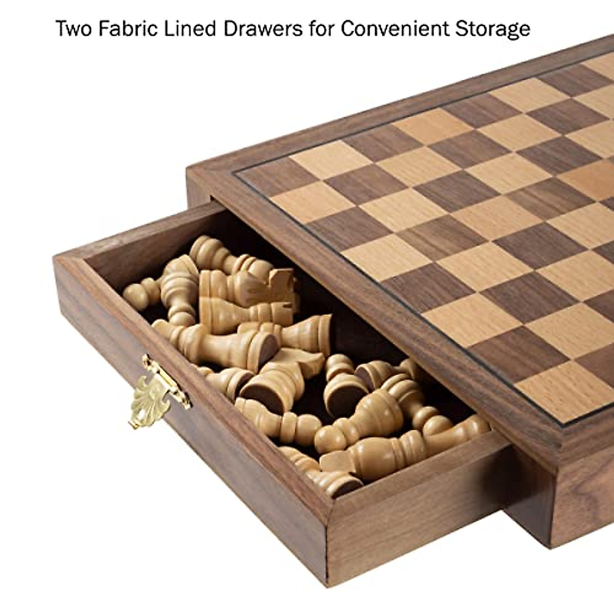 Hey! Play! Classic Strategy Chess Board Game Set - Inlaid Wood Magnetic Chess Board with Storage Drawer for Hand-Carved Staunton Chessmen by Trademark Games,Brown,1.375x9.875x9.875