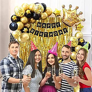 Black Gold Birthday Party Decoration Set, Including Happy Birthday Banner, Balloons, Metallic Fringe Curtain, Flower Pompoms, Golden Crown, Suit Perfect For Girls or Boys, Men or Women Birthday Party