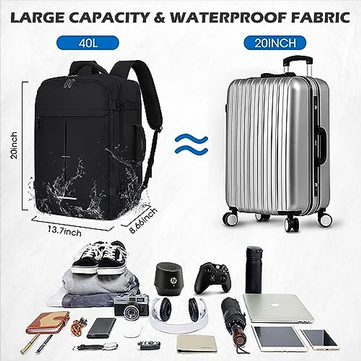 Travel Backpack for Men 40L Carry on Backpack Airline Approved 17 Inch Laptop Backpack Waterproof Large Travel Backpack Luggage Daypack Business College Weekender Overnight Backpack Men Women, Black