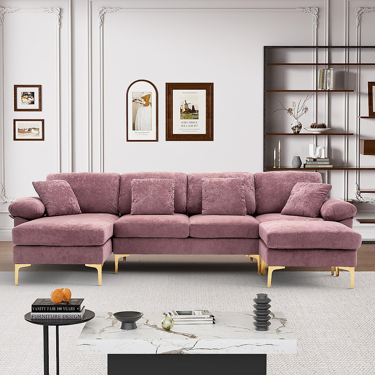 Wrofly U-Shaped Sectional Sofa Couch, 114" Comfy Convertible 4 Seat Sofa with Chaise Lounge & Ottoman, Modern Oversized Deep Seat Sleeper Sofa Set for Living Room Apartment, Purple Velvet