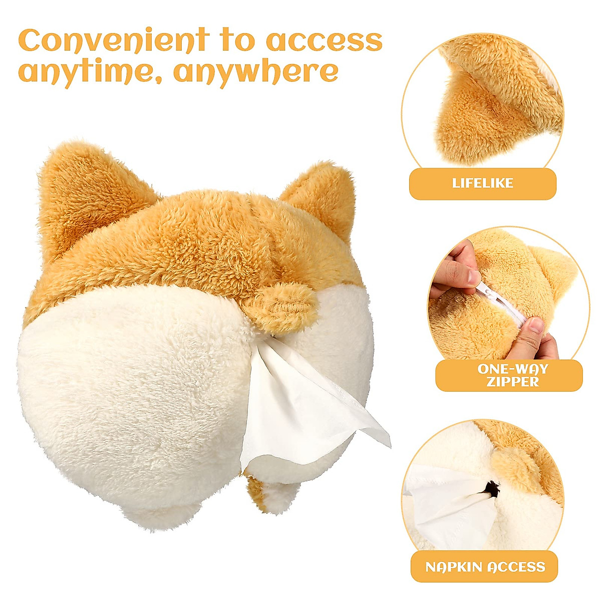 VOSAREA Tissue Box Cover Soft Adorable Corgi Butt Shaped Creative Storage Bag Hanging Pouch Tissue Box Wrapper Paper Organizer Dispenser for Car Home Bathroom Vanity Countertop Tabletop