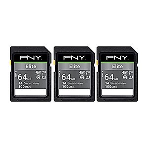 PNY 64GB Elite Class 10 U1 V10 SDXC Flash Memory Card 3-Pack - 100MB/s Read, Class 10, U1, V10, Full HD, UHS-I, Full Size SD (P-SD64GX3U1100EL-MP)
