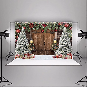 Lofaris Winter Christmas Backdrop Xmas Photography Backdrop Rustic Barn Wood Door Backdrop Xmas Tree Snow Gift Bell Kids Adult Family Supplies Banner Party Baby Shower Decoration Background 9x6ft
