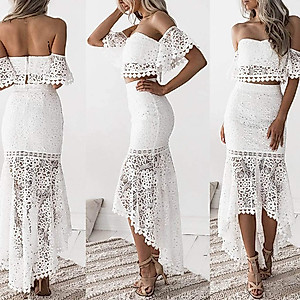 Off Shoulder Lace Dress, Women Two Piece White Lace Outfit Crop Tube Top Lace Crochet Low High Pencil Skirt Dress