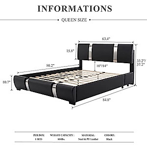 Benevika Bed Frame Queen Size with Adjustable Headboard, Modern Low Profile Platform Bed with Faux Leather,Mattress Foundation with Solid Wooden Slats Support,No Box Spring Needed,Black